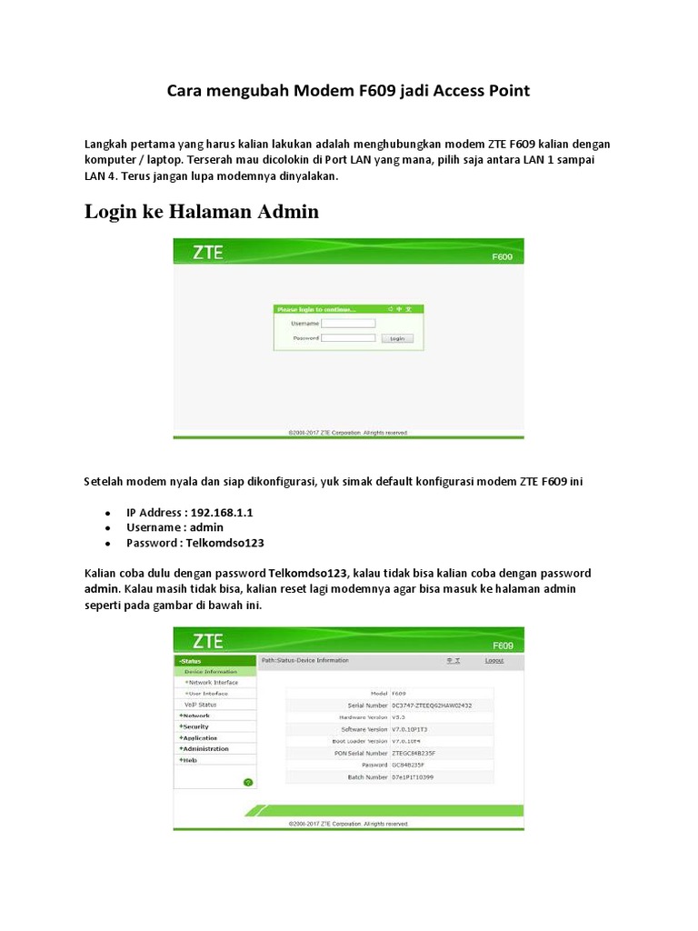 Cara Mengubah Mdoem F609 Jadi Access Point | PDF