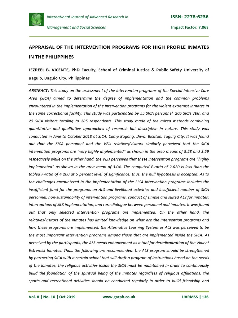 Appraisal of The Intervention Programs For High Profile Inmates in The ...
