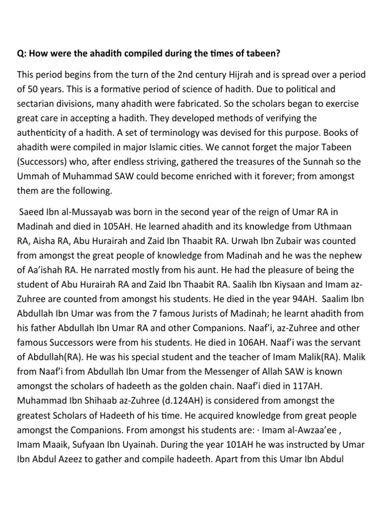Ahadith Compilation During Tabeen | PDF | Hadith | Muhammad