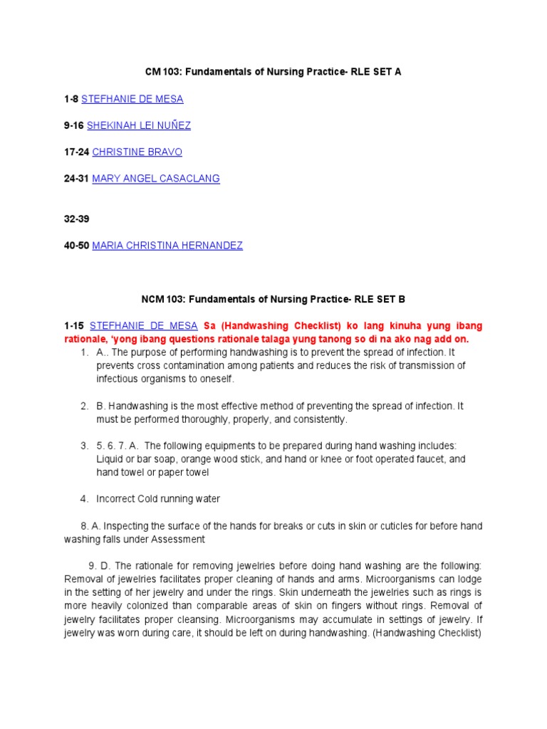 NCM 103 - Fundamentals of Nursing Exam Rationalization | PDF | Hand ...