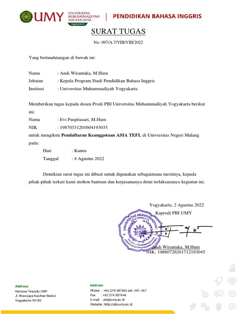 Surat Tugas Dosen PBI UMY ke ASIA TEFL | PDF