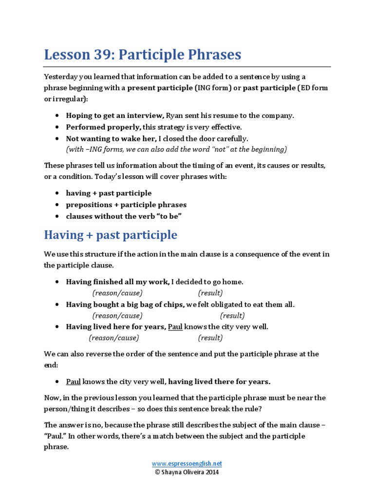 Lesson 39: Participle Phrases | PDF | Verb | Sentence (Linguistics)