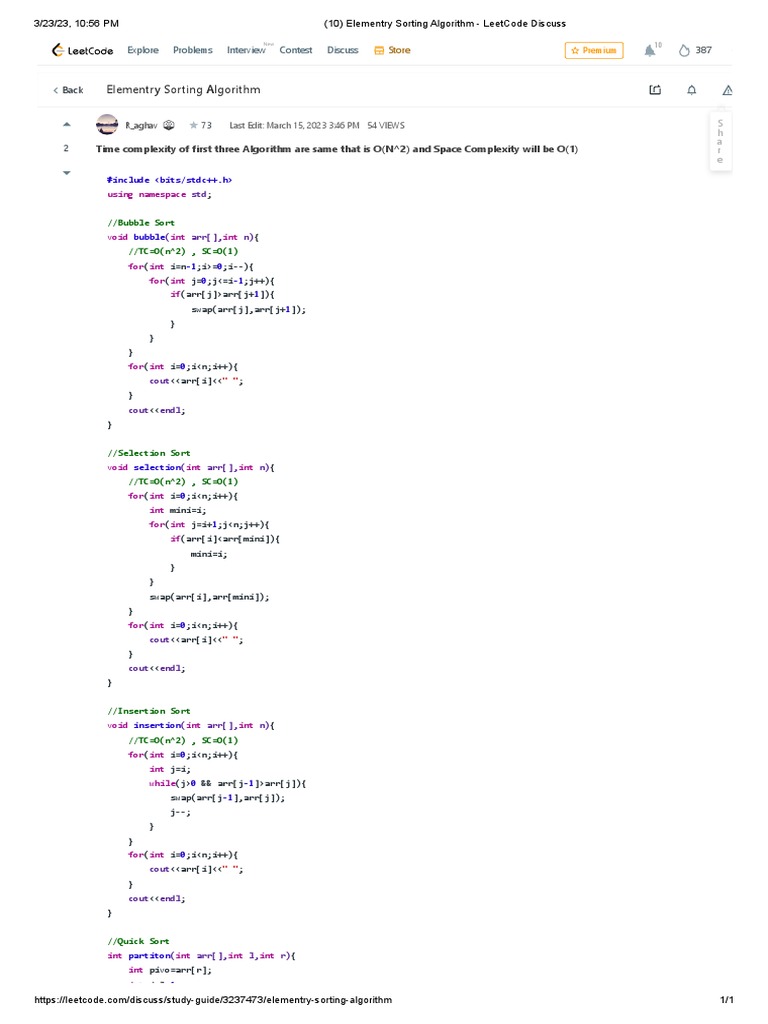 Elementry Sorting Algorithm Leetcode Discuss Pdf Mathematical Logic Software Engineering