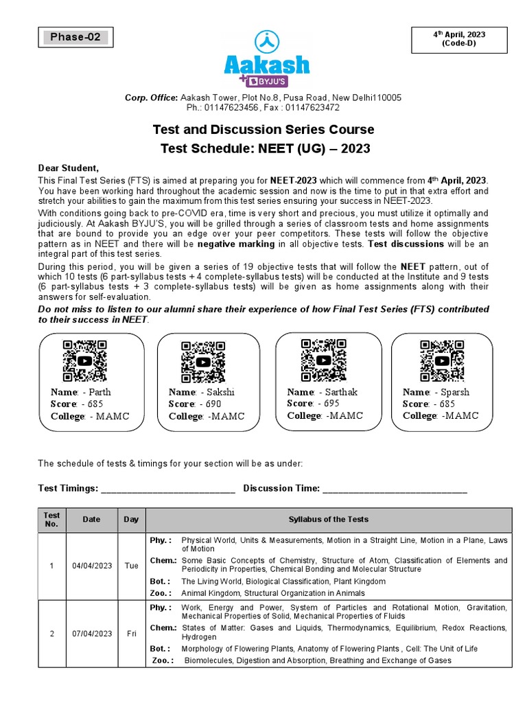 Aakash FTS 2023 Schedule | Download Free PDF | Chemistry | Gases