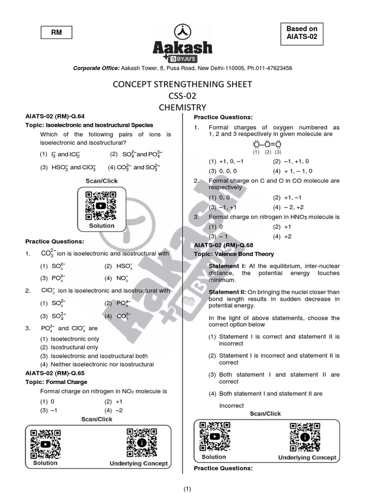 Concept Strengthening Sheet CSS-02 Chemistry: RM Based On AIATS-02 ...