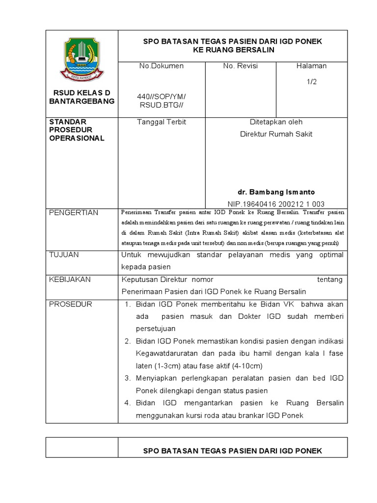 Spo Batasan Tegas Pasien Igd Ponek Ke Ruang Bersalin | PDF