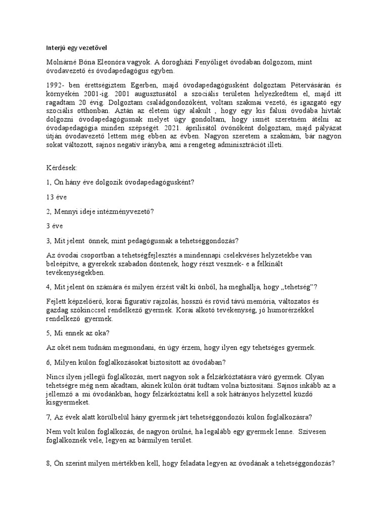Interjú Egy Vezetővel Fenyőliget, Nóri | PDF