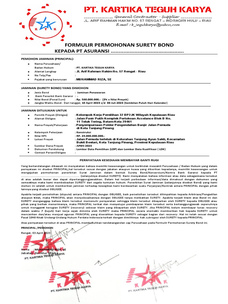 Formulir Permohonan Surety Bond: KEPADA PT ASURANSI