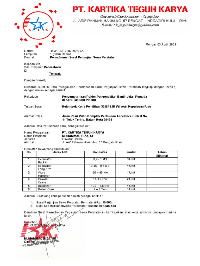 Permohonan Sewa Peralatan PT KTK Paket Tanjungpinang | PDF