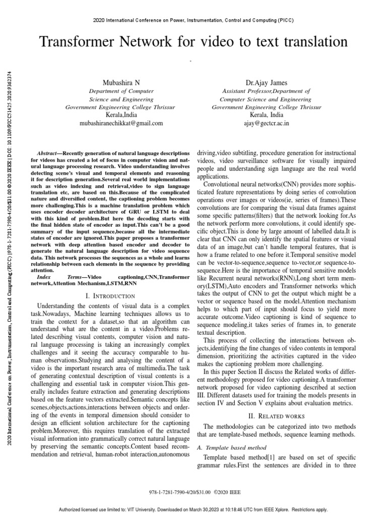 Transformer Network For Video To Text Translation | PDF | Data Compression | Systems Science
