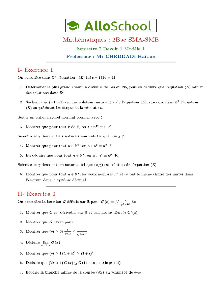 Maths 2bac SM Semestre 2 Devoir 1 Modele 1 2 | PDF