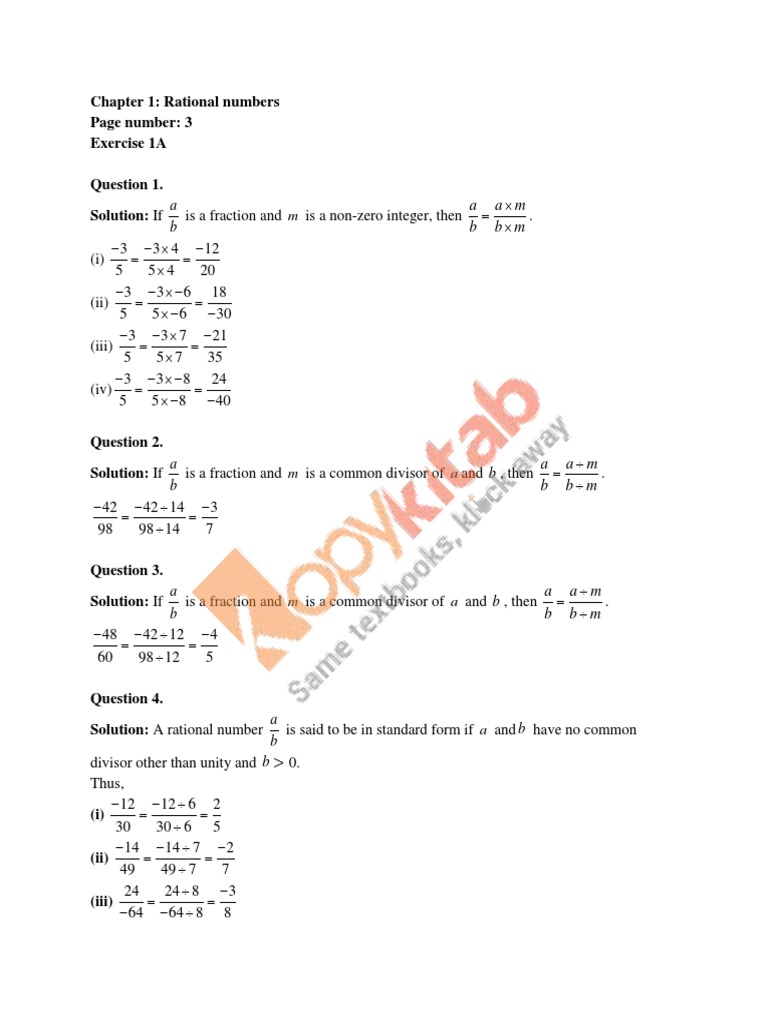 RS Aggarwal Solutions Class 8 Maths Chapter 1 Rational Numbers | PDF ...