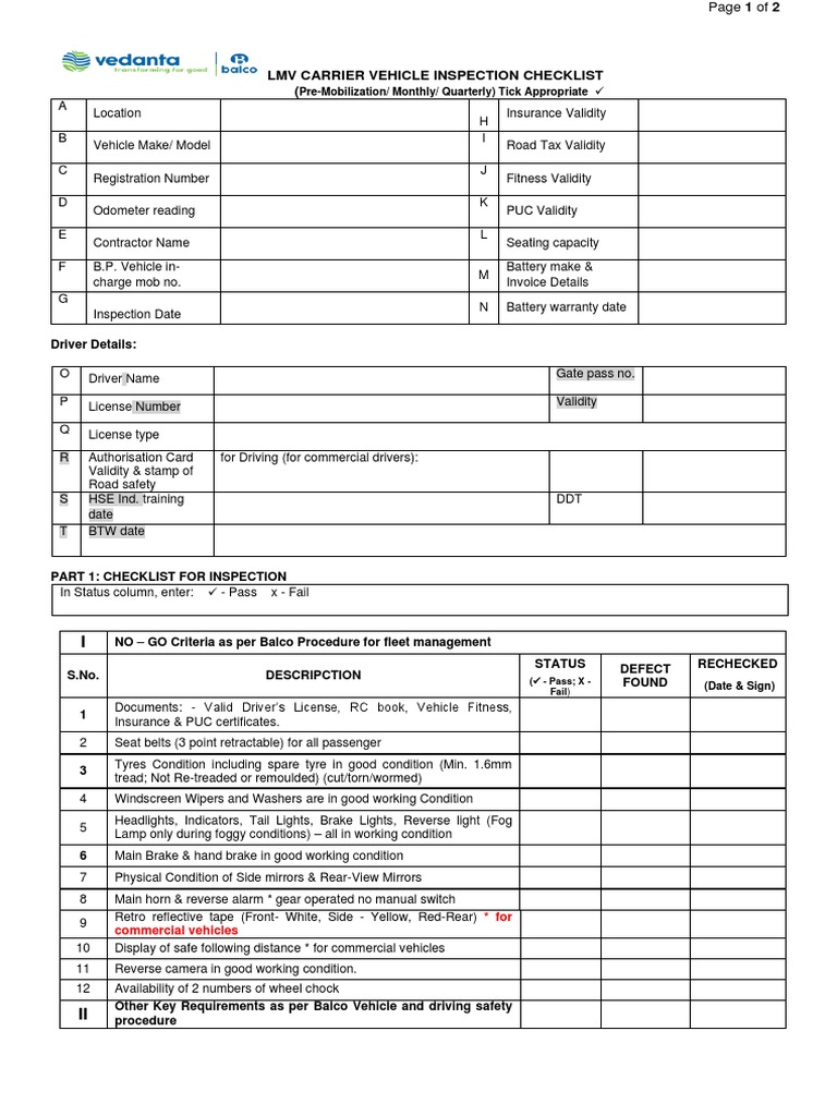 LMV Carrier Vehicle Inspection Cheklist OK | PDF | Vehicles | Motor Vehicle