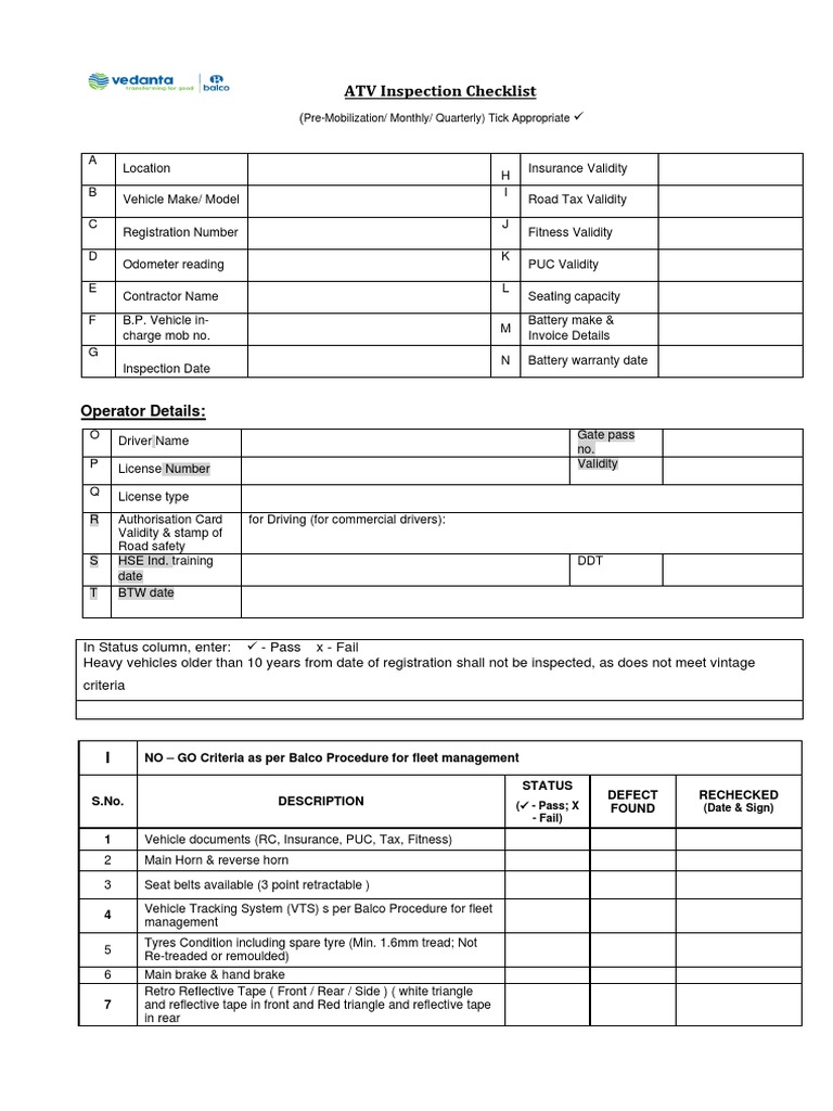 ATV Inspection - Check List OK | PDF | Vehicles | Automotive Industry