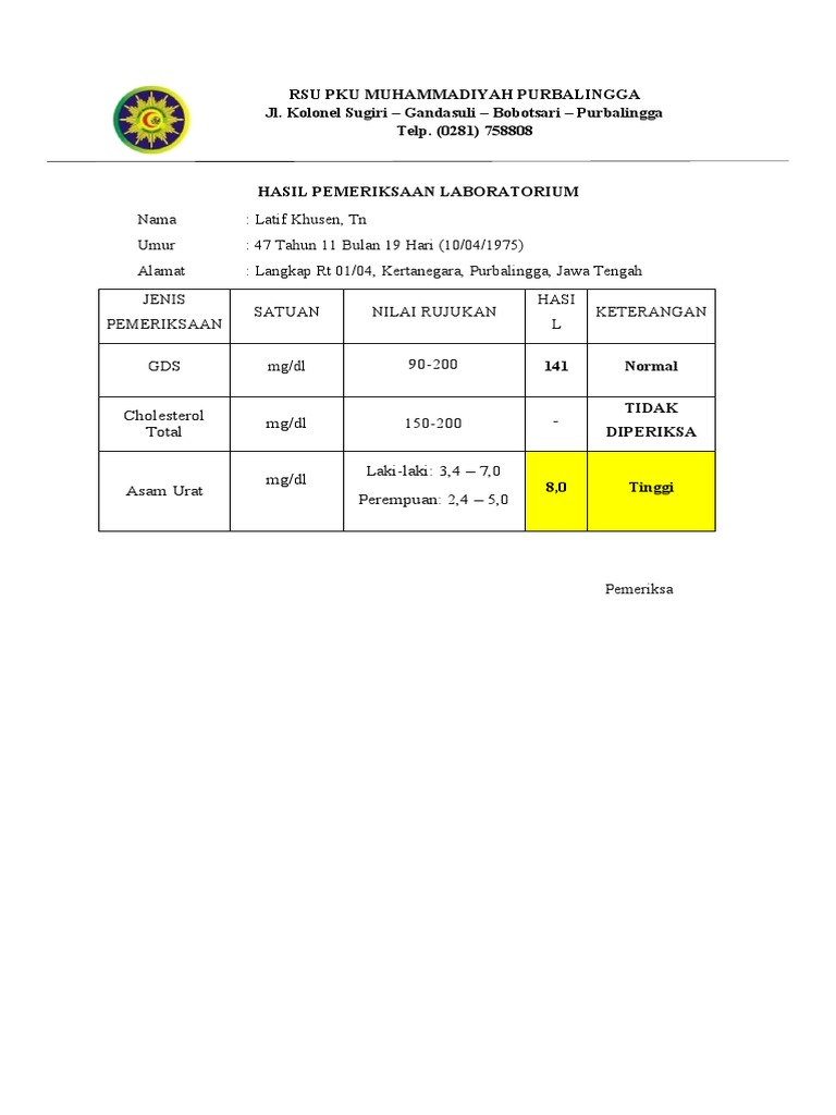 Surat Hasil Pemeriksaan Lab Sederhana | PDF