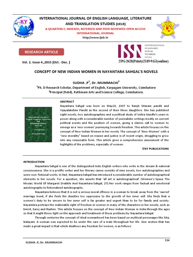 Concept of New Indian Women in Nayantara Sahgal's Novels | PDF