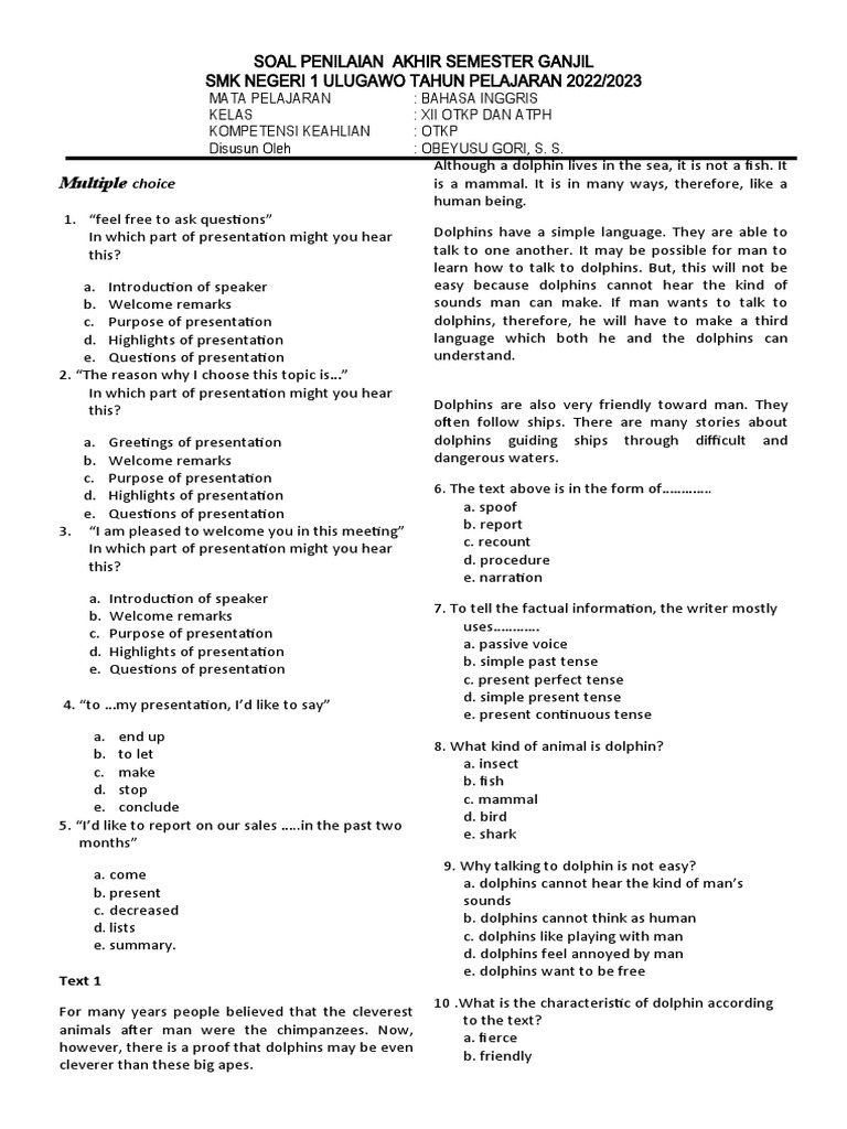 FORMAT_SOAL_PAS_2022_2023_KELAS_XII_OTKP_DAN_ATPH | PDF | Dolphin | Information