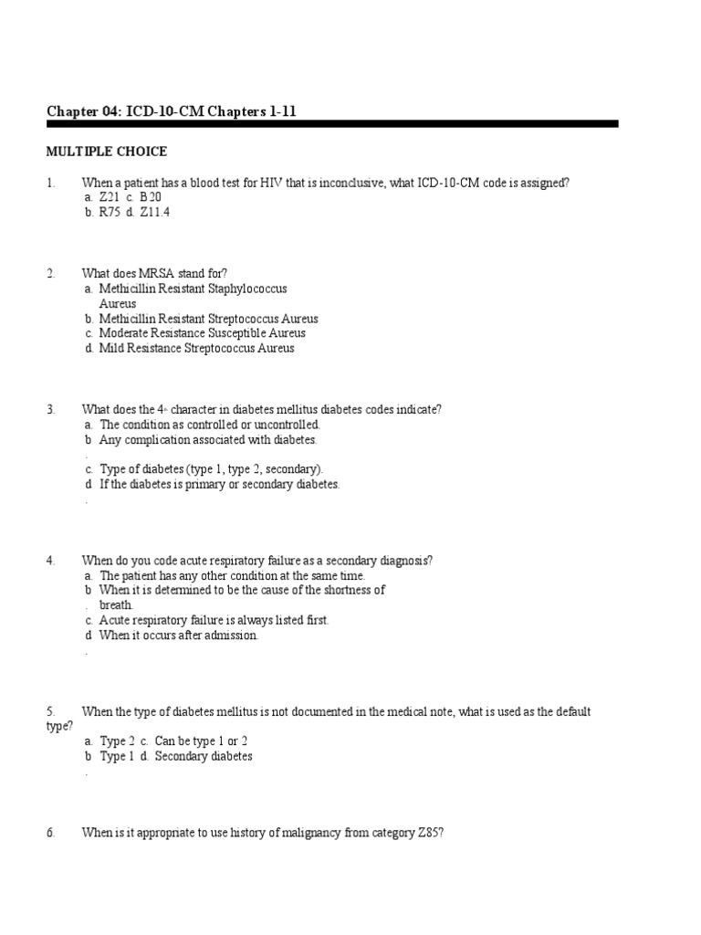 Chapter 04: ICD-10-CM Chapters 1-11: Multiple Choice | Download Free ...