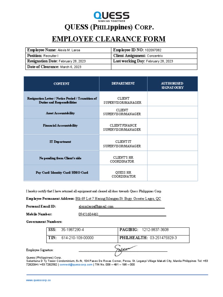 Quess (P Ppines) C - Employee Clearance Form: Hili ORP | PDF | Business ...