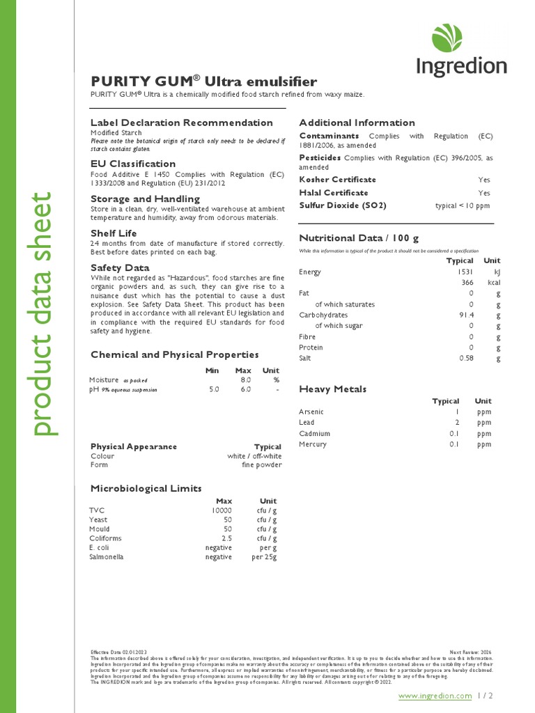 TDS - PURITY GUM® Ultra Emulsifier | PDF | Starch | Shelf Life