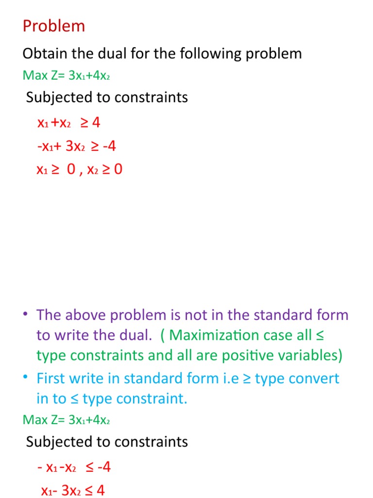 Problem: Obtain The Dual For The Following Problem Subjected To ...