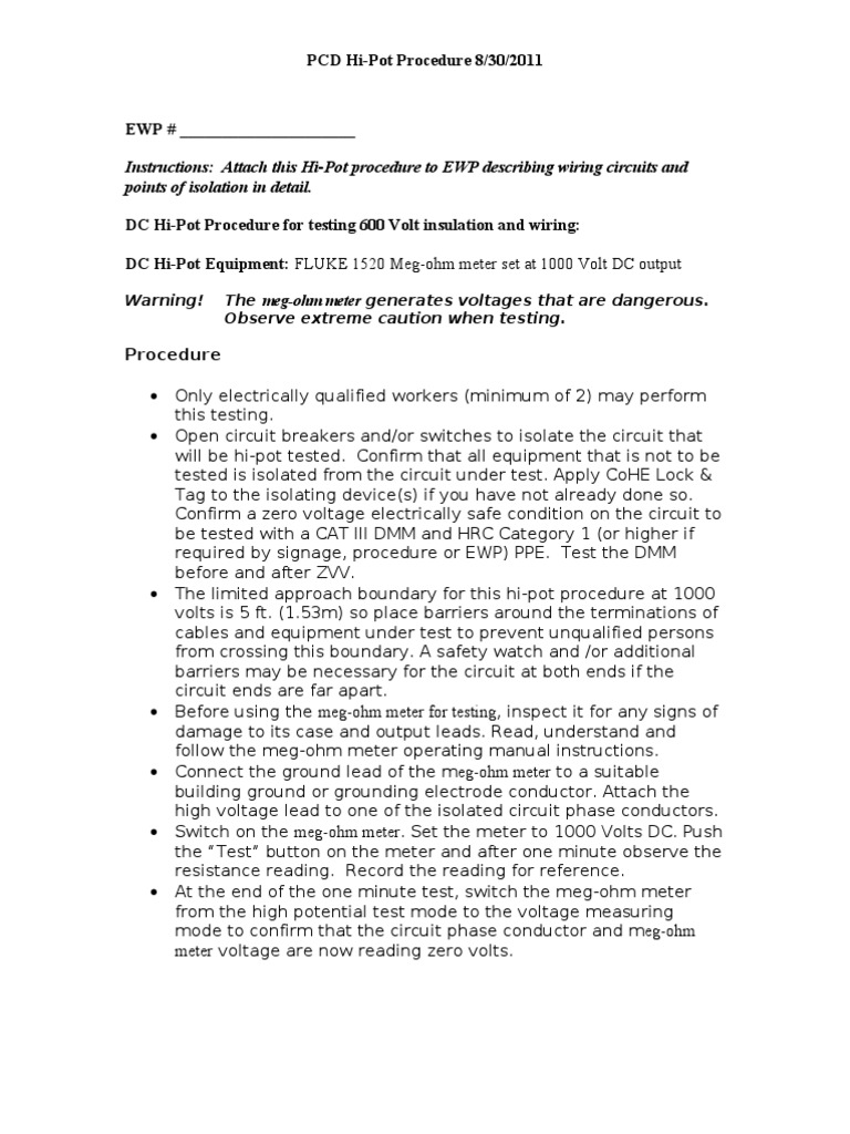 PCD Hi-Pot Procedure Testing | PDF | Electrical Wiring | High Voltage