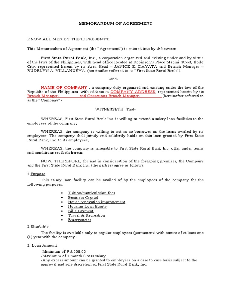 Memorandum of Agreement | PDF | Payroll Tax | Loans
