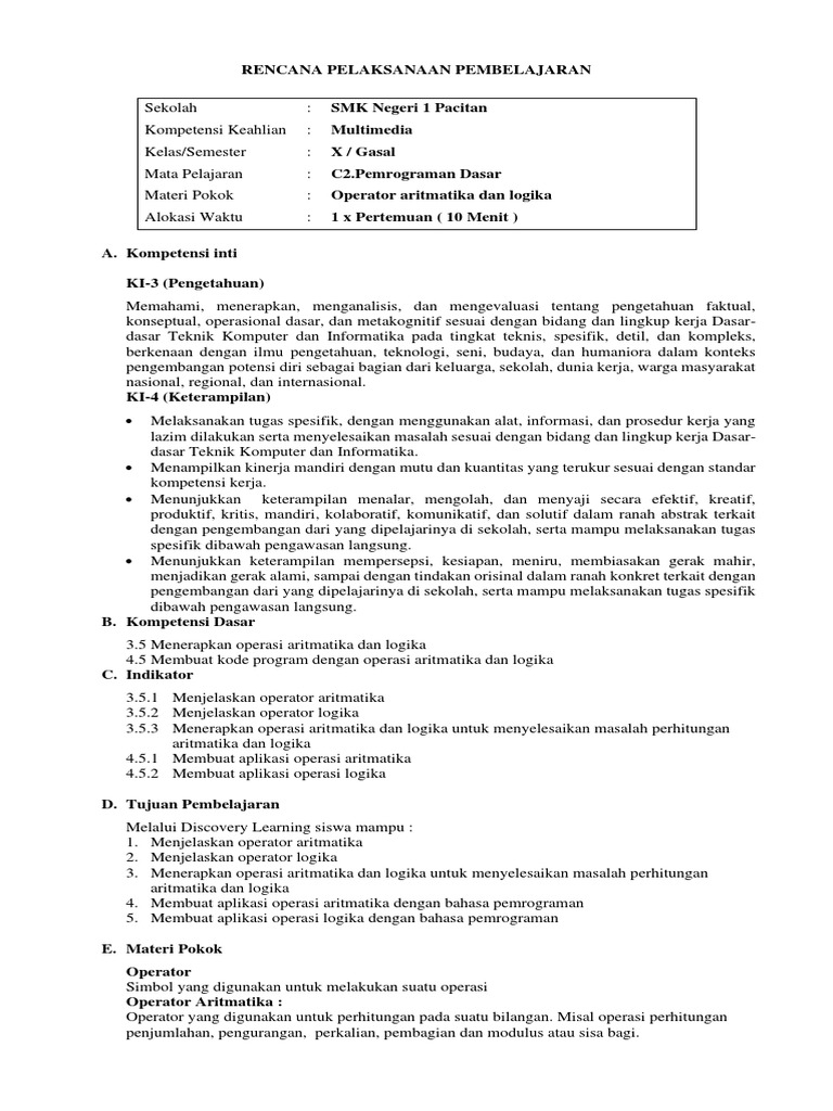 RPP Pemrograman Dasar Kelas X SMK | PDF