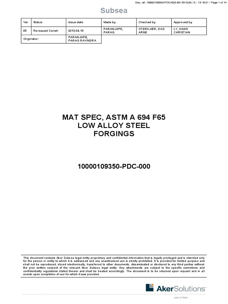 Mat Spec, Astm A 694 F65 Low Alloy Steel Forgings: Subsea | Download ...