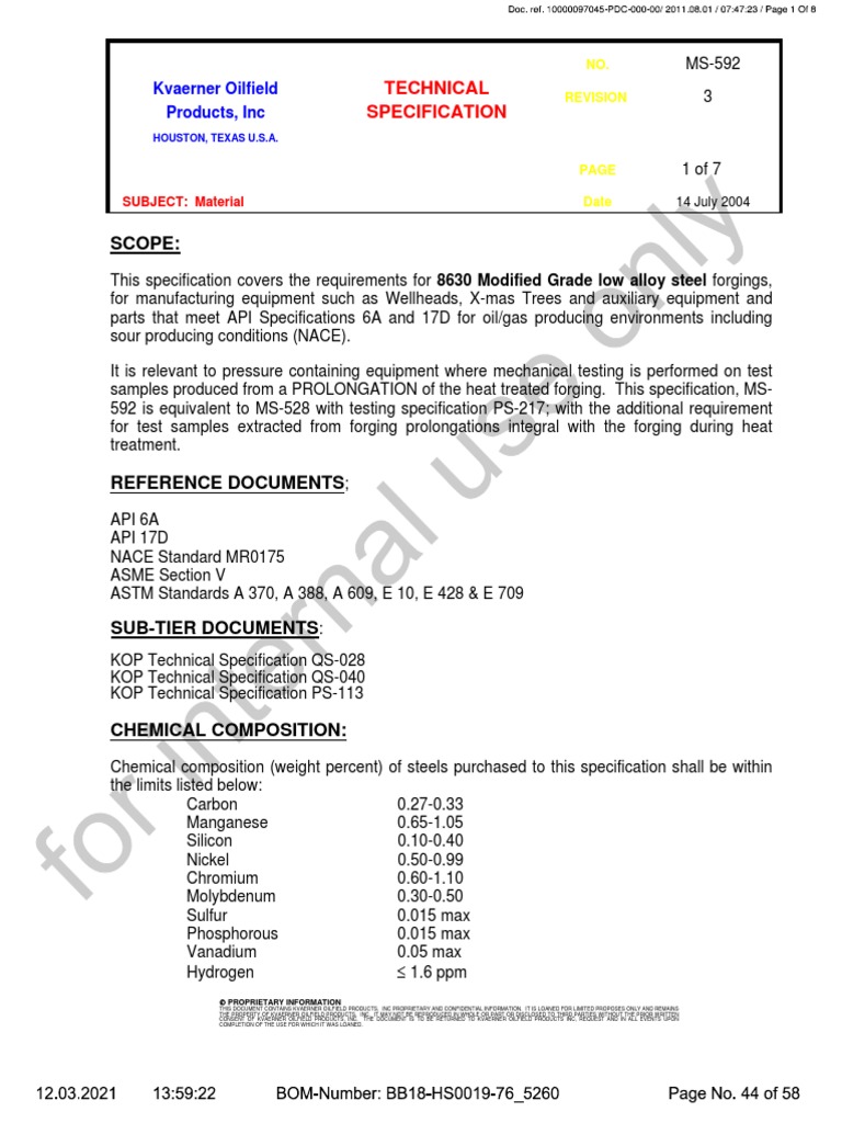 Scope:: Kvaerner Oilfield Products, Inc | PDF | Hardness | Specification (Technical Standard)