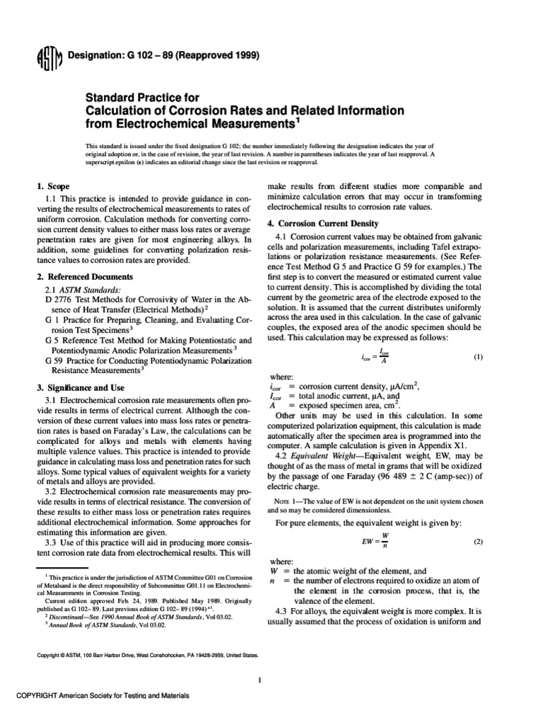 ASTM G 102 - 89 RA 1999 - Corrosion-Rate-Calculationpdf | PDF | Corrosion | Electrode