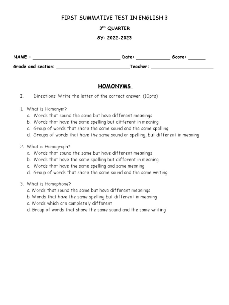 First Summative Test in English 3: Homonyms | PDF | Human Communication ...