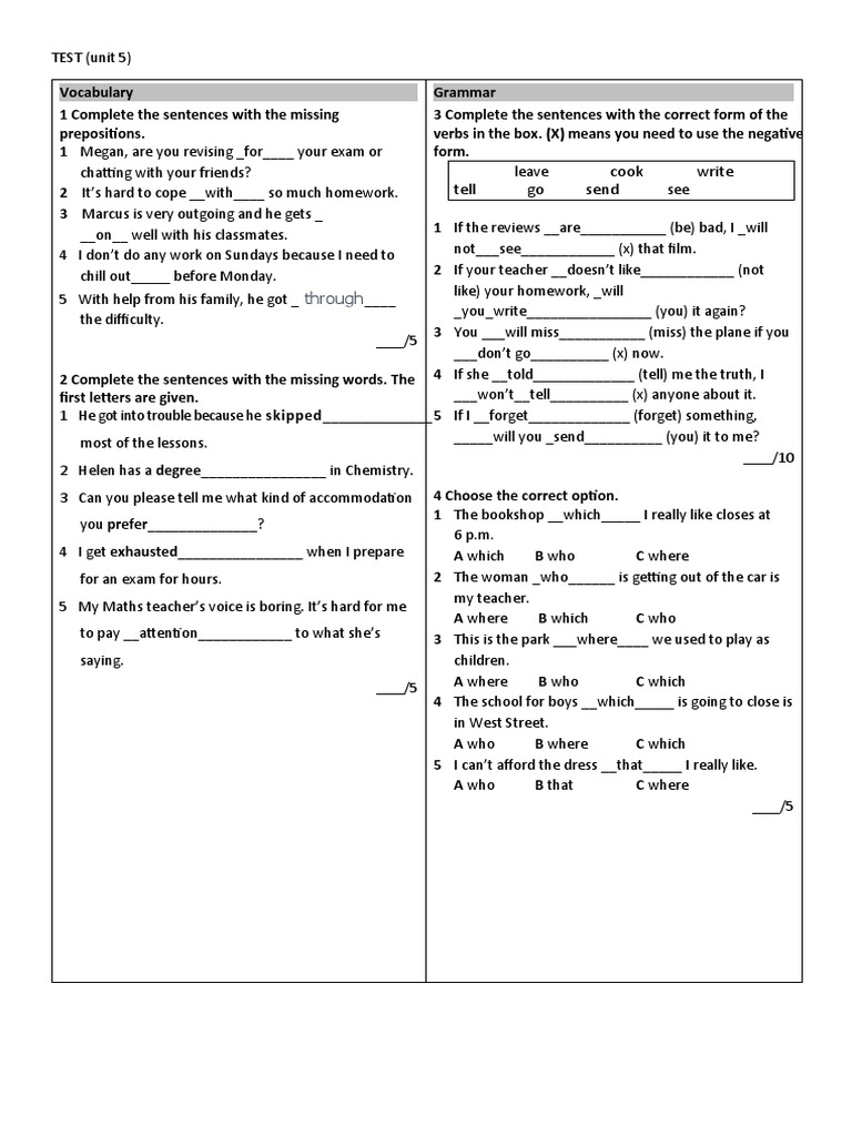 Grammar and Vocabulary Test (Unit 5 | PDF | Cognitive Science | Grammar