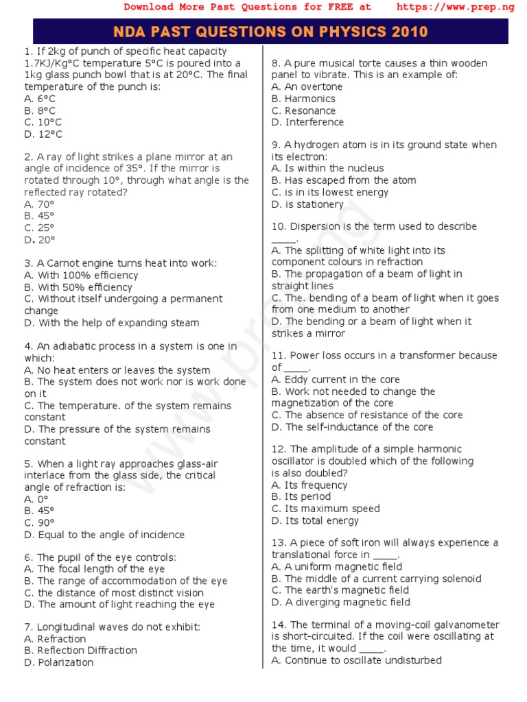 NDA Physics Past Questions 2010 | PDF | Waves | Force