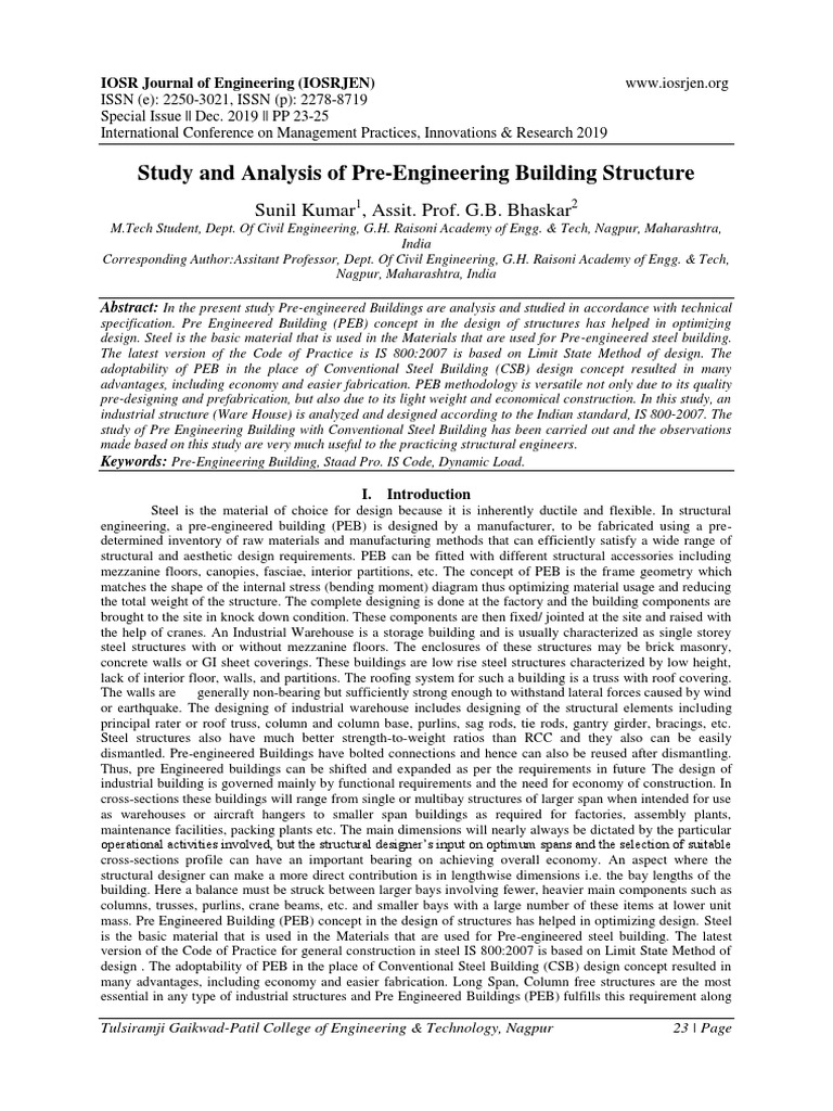 Study and Analysis of Pre-Engineering Building Structure: Sunil Kumar, Assit. Prof. G.B. Bhaskar ...