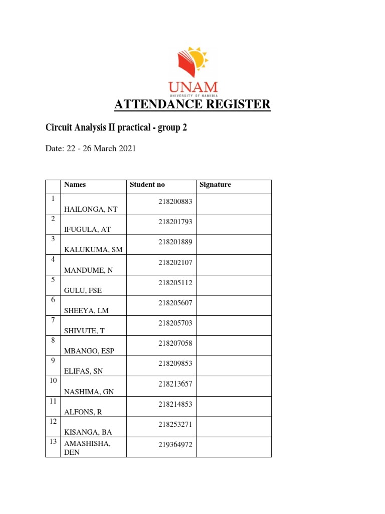 Attendance Register: Circuit Analysis II Practical - Group 2 | PDF