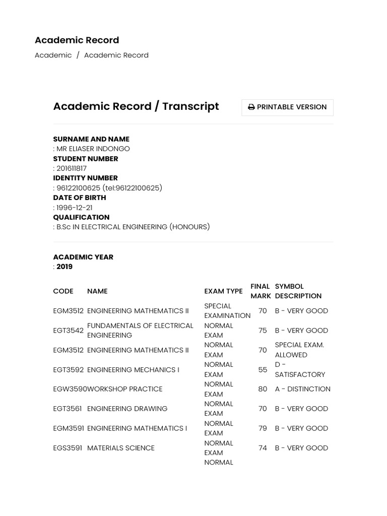 Academic Record / Transcript | PDF | Engineering | Electrical Network
