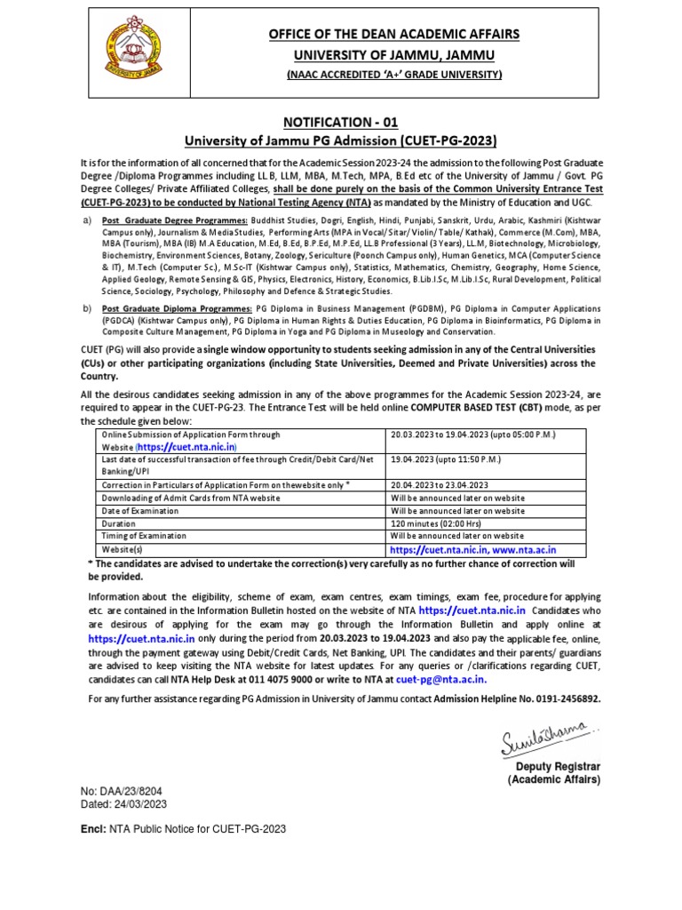 JU-PG Admission (CUET-PG-2023) Notification-01-E | PDF | University And ...