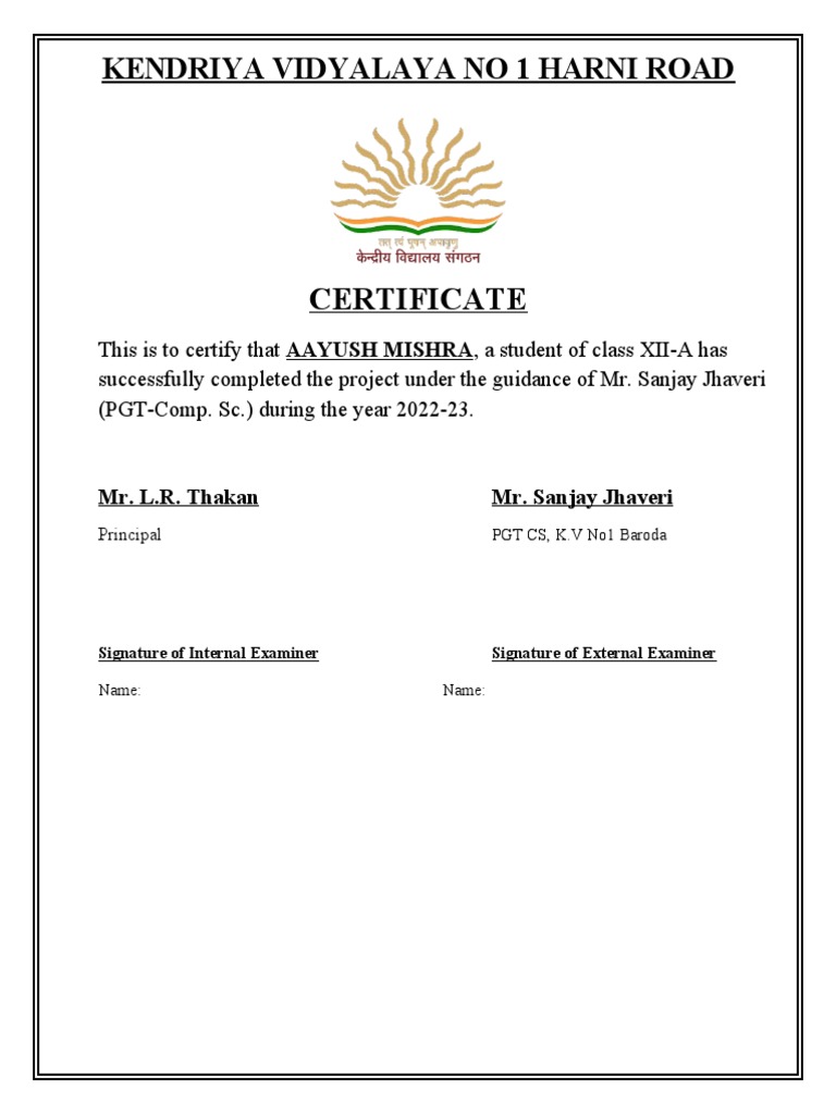 Kendriya Vidyalaya No 1 Harni Road: Certificate | PDF