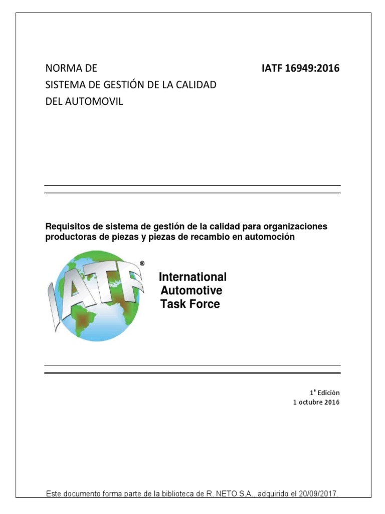 Norma de Sistema de Gestión de La Calidad Del Automovil: IATF 16949: ...