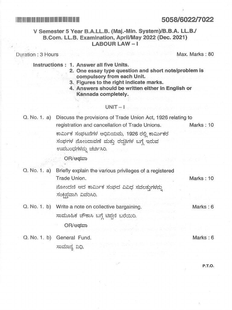 Labour Law-I Past Year Paper KSLU | PDF