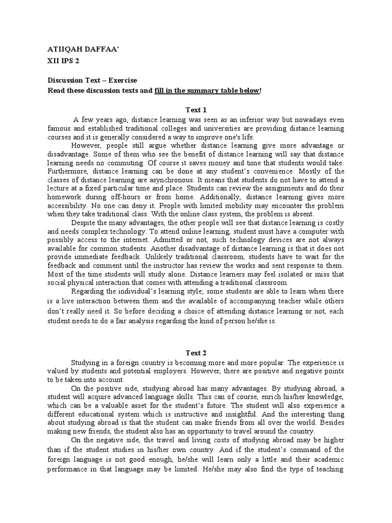 Atiiqah Daffaa' Xii Ips 2 Discussion Text - Exercise Read These Discussion Texts and Fill in The ...