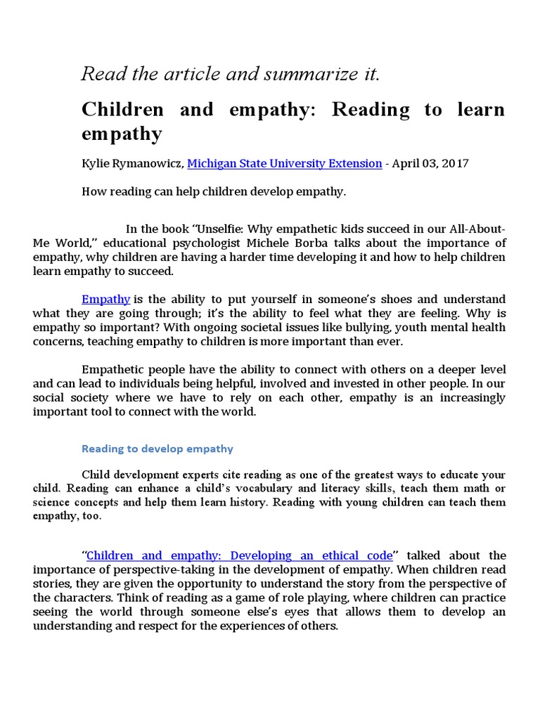 Children and Empathy: Reading To Learn Empathy: Read The Article and ...
