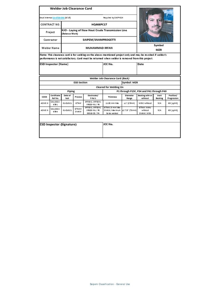 Welder Job Clearance Card for Ali Qurban | PDF | Welding | Construction
