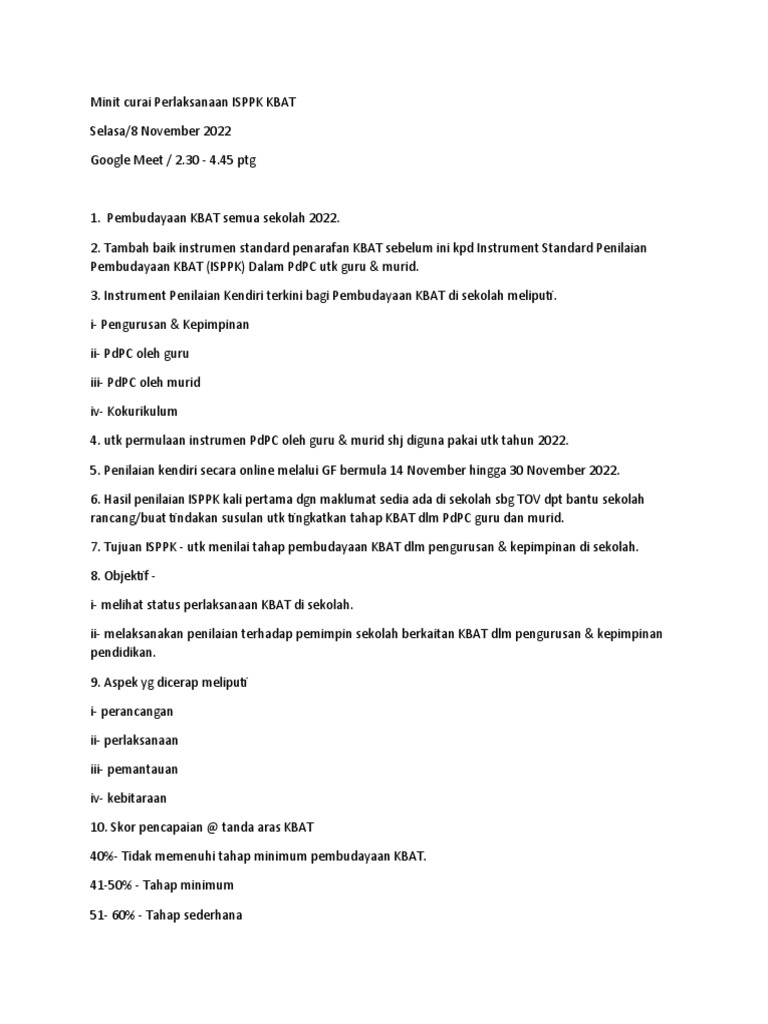 Minit Curai Perlaksanaan ISPPK KBAT | PDF