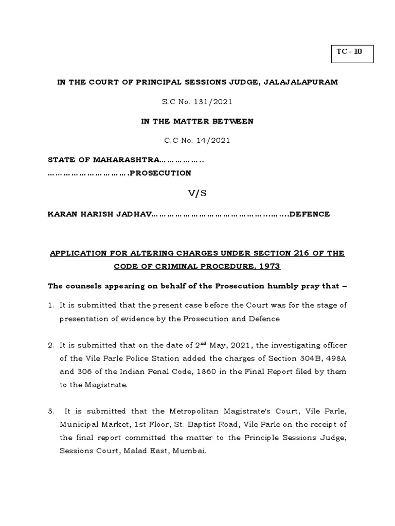Application to Alter Charges Under CrPC 216 | PDF | Prosecutor ...