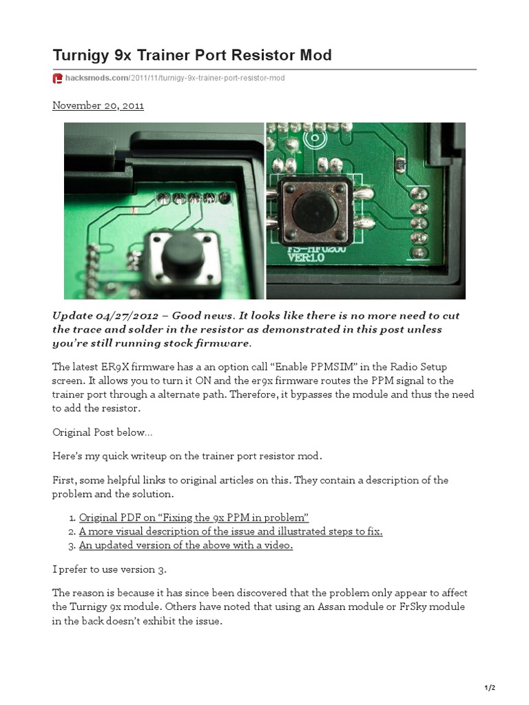 Turnigy 9x Trainer Port Resistor Mod | PDF