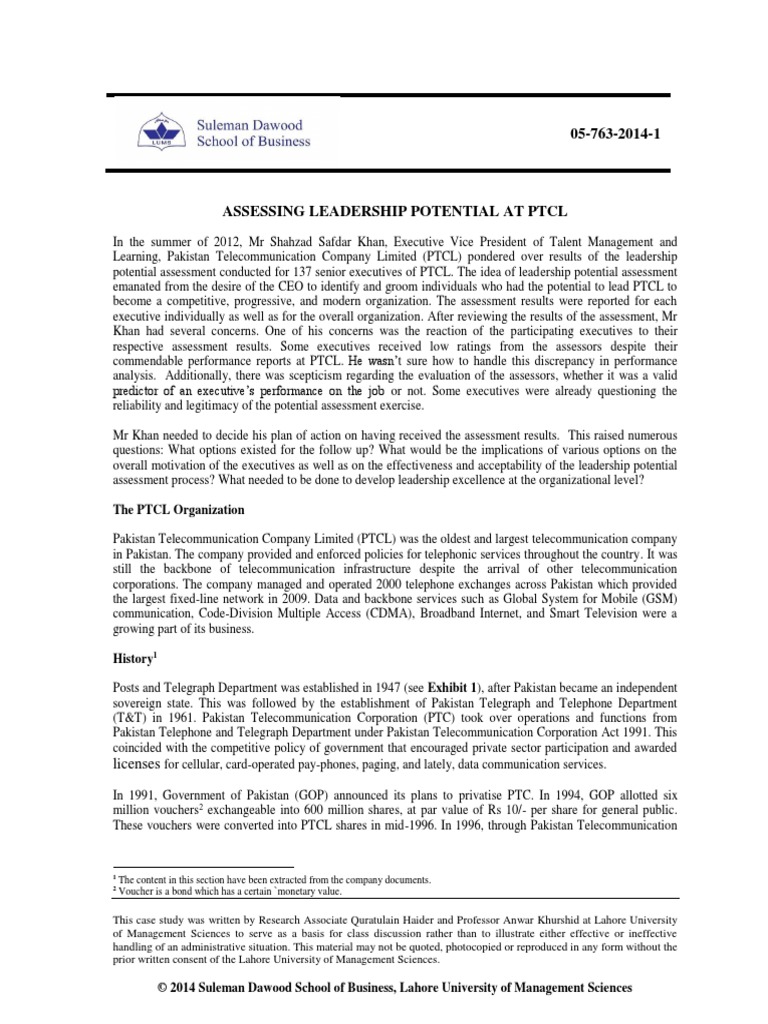 Assessing Leadership Potential at PTCL | PDF Assessing Leadership Potential at PTCL | PDF