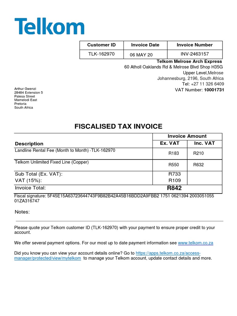 Telkom Invoice | Download Free PDF | Payments | Business