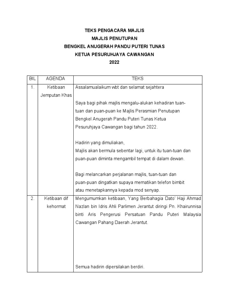 Teks Pengacara Majlis Penutupan Perkhemahan Pandu Puteri | PDF